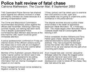 The Courier-mail: Police Halt Review Of Fatal Chase [8 September 2003] | Carter Capner Law